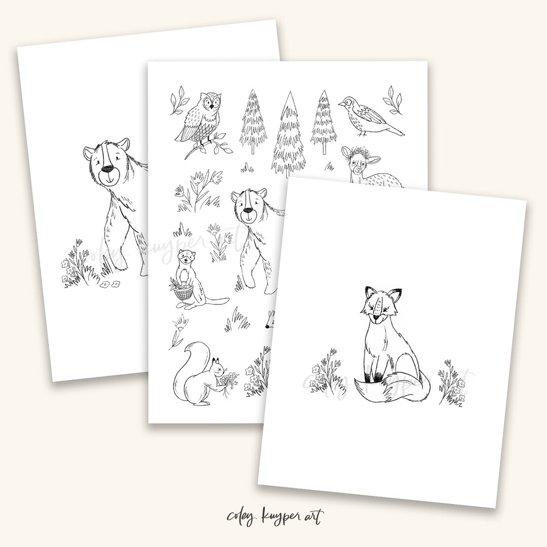Woodland Animals Coloring Pages for Kids | Set of 3 (digital Download ...