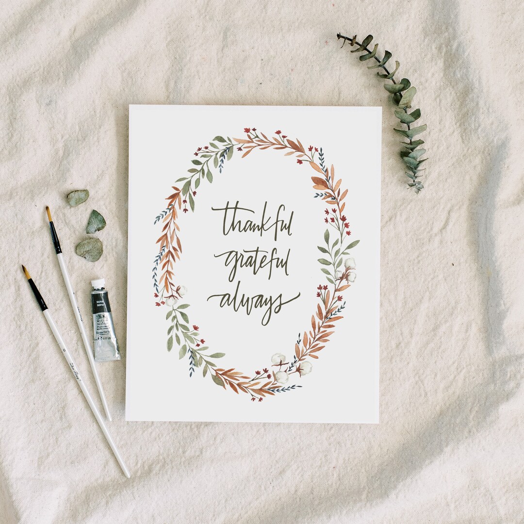 Thankful Grateful Always Art Print | Watercolor Fall Wreath - Etsy