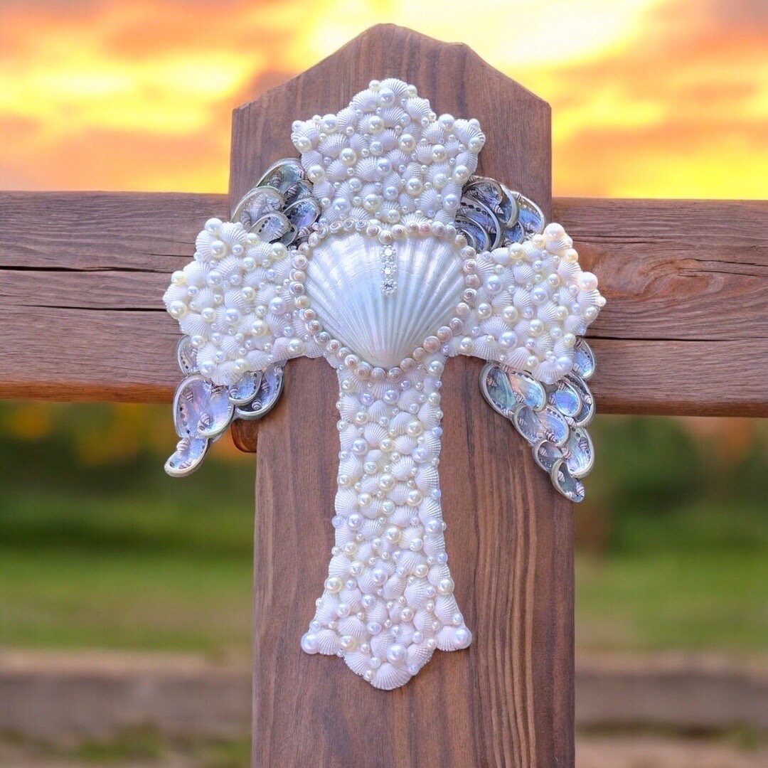 Coastal Seashell Cross With Angel Wings, Crucifix With Shells, Seashell ...