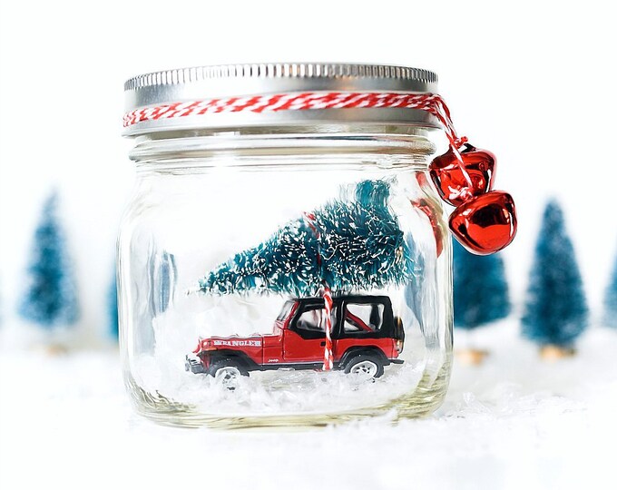 Car in Jar Snow Globe - Red Jeep Wrangler in Mason Jar Snow Globe ...