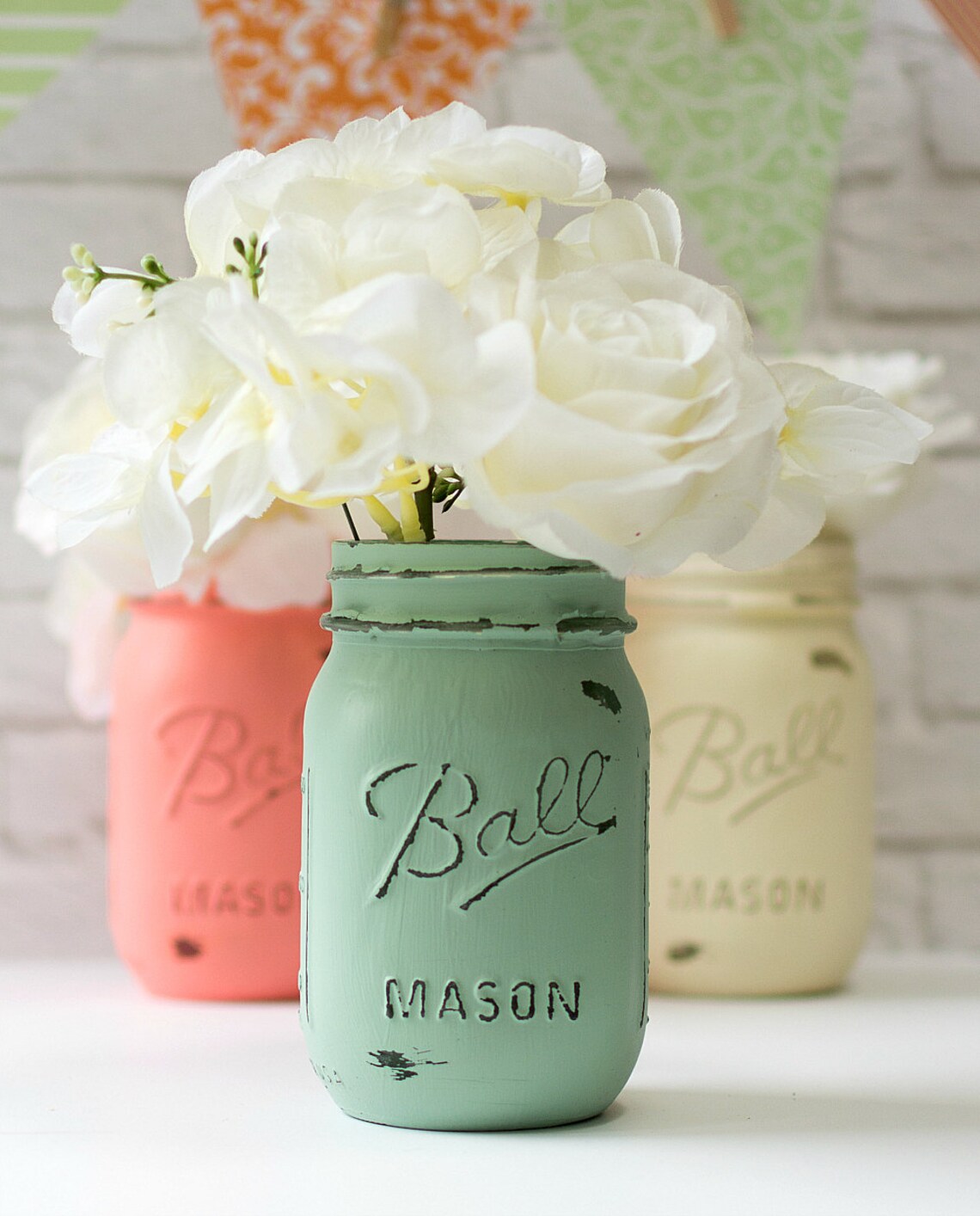 Mint Green, Coral & Cream Painted Mason Jars - Vases, Centerpieces ...