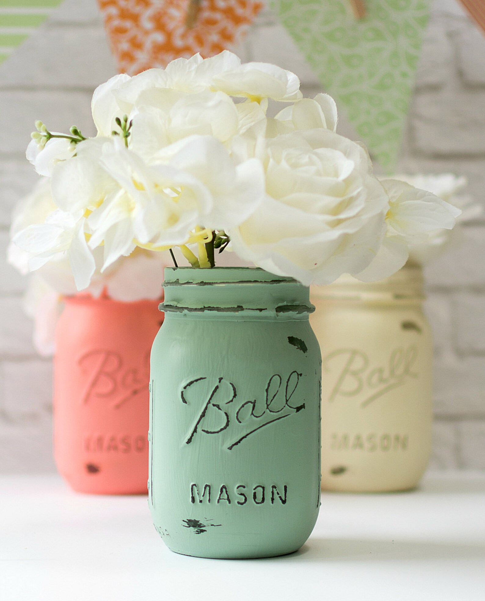 Mint Green Coral & Cream Painted Mason Jars Vases - Etsy