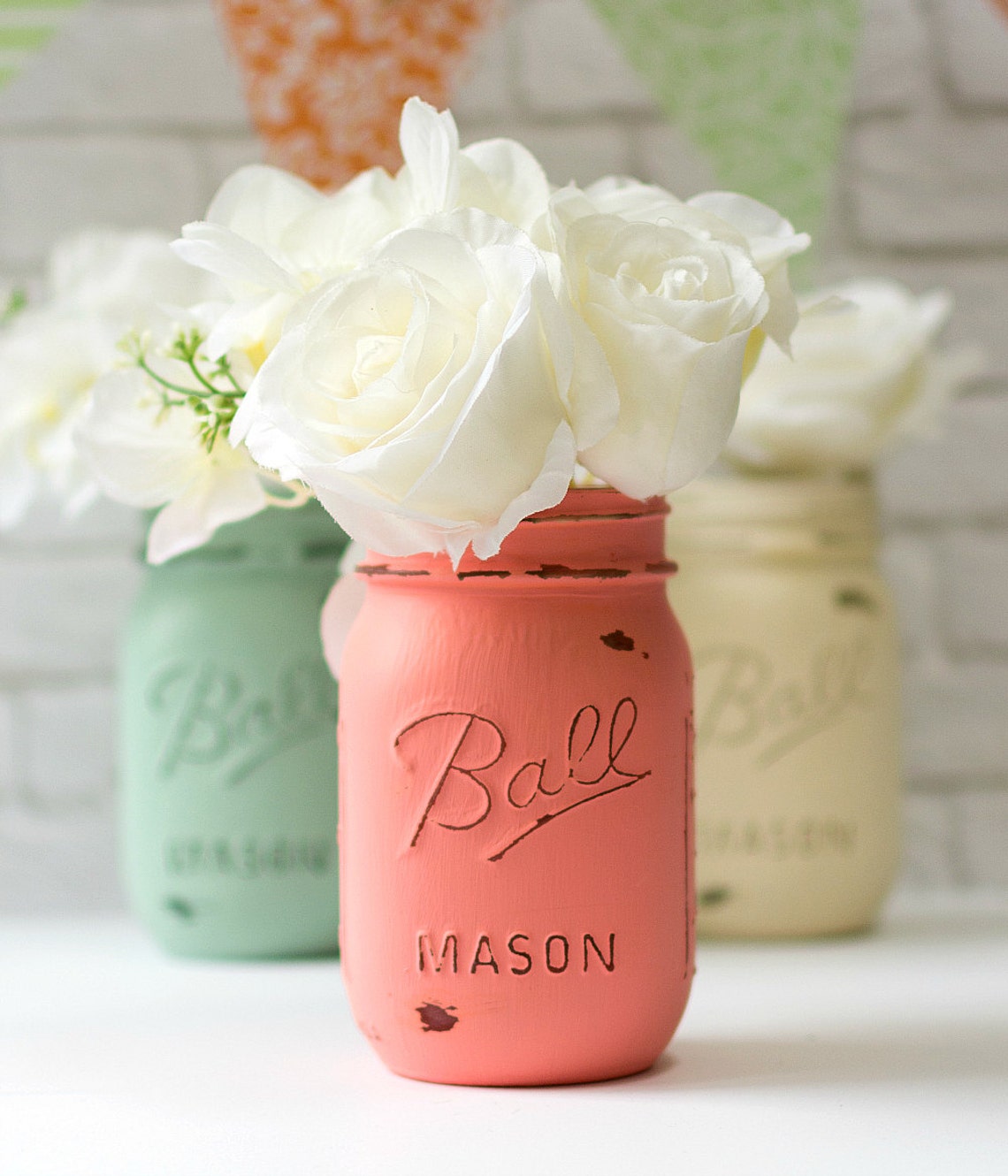 Mint Green Coral & Cream Painted Mason Jars Vases - Etsy