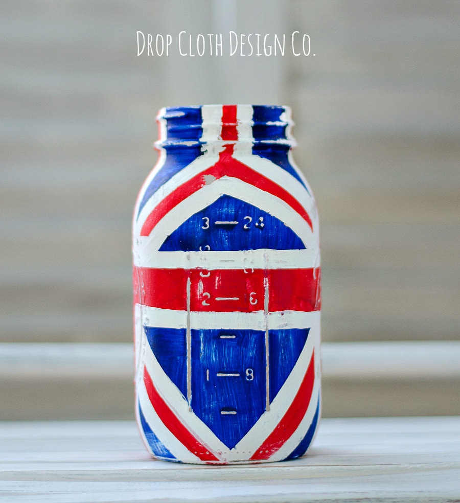 Union Jack Flag Mason Jar – Red, White, Blue Painted Mason Jar – Single ...