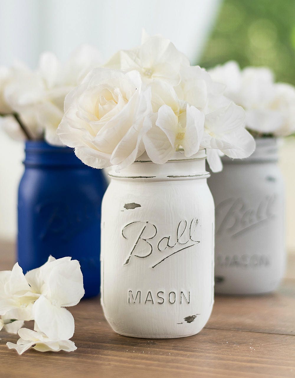 Painted Mason jars Royal Blue Turquoise/Aqua Gray White | Etsy