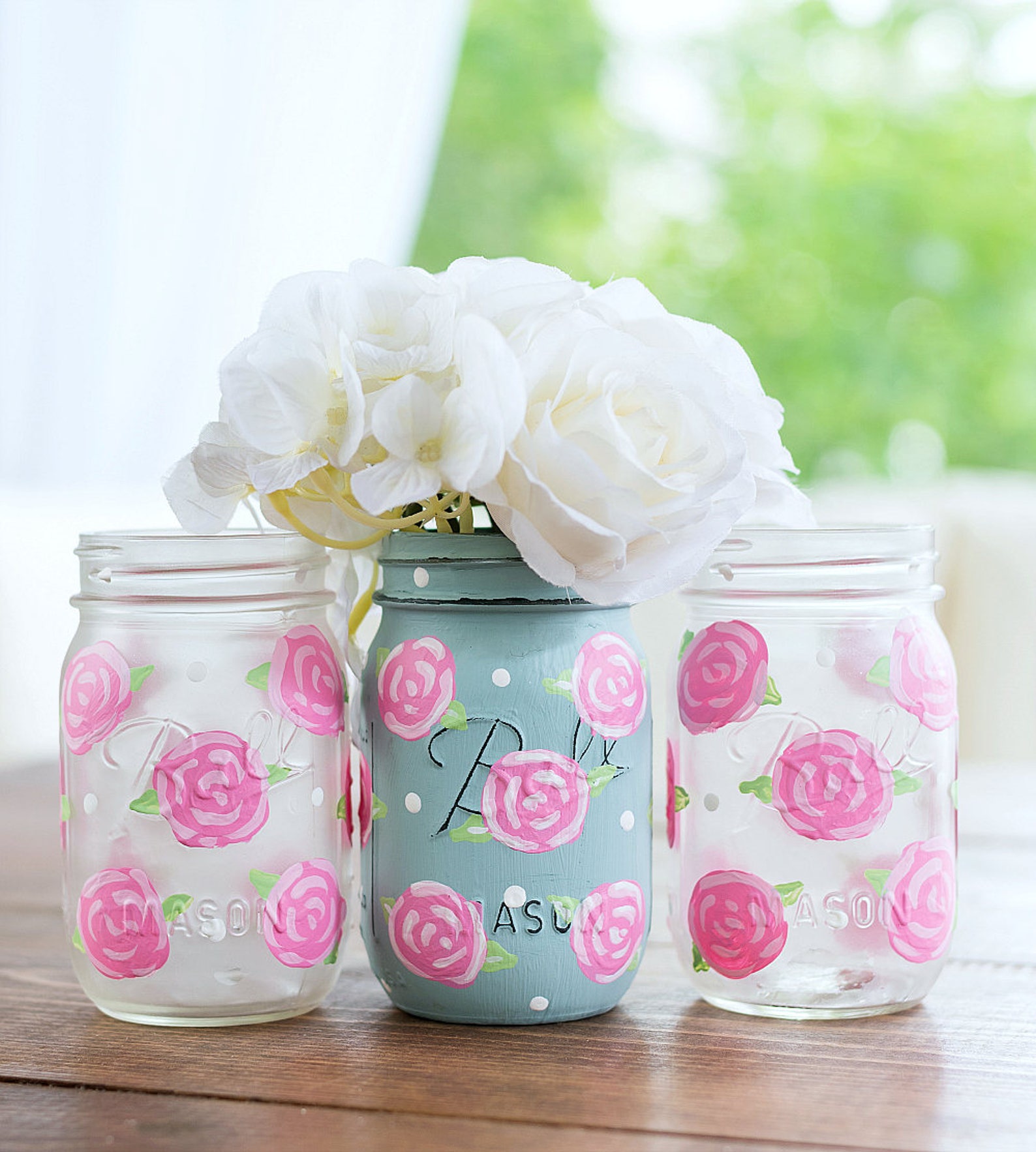 Rose Flower Painted Mason Jar - Painted, Distressed Mason Jar - Rose ...