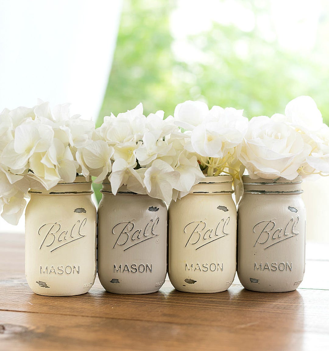Cream and Tan Painted Distressed Mason Jars - off White and Beige Mason ...