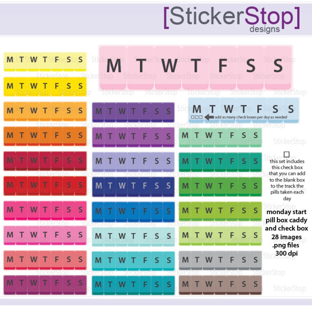 Pill Box or Pill Caddy Monday Start Icon Digital Clipart in Rainbow ...