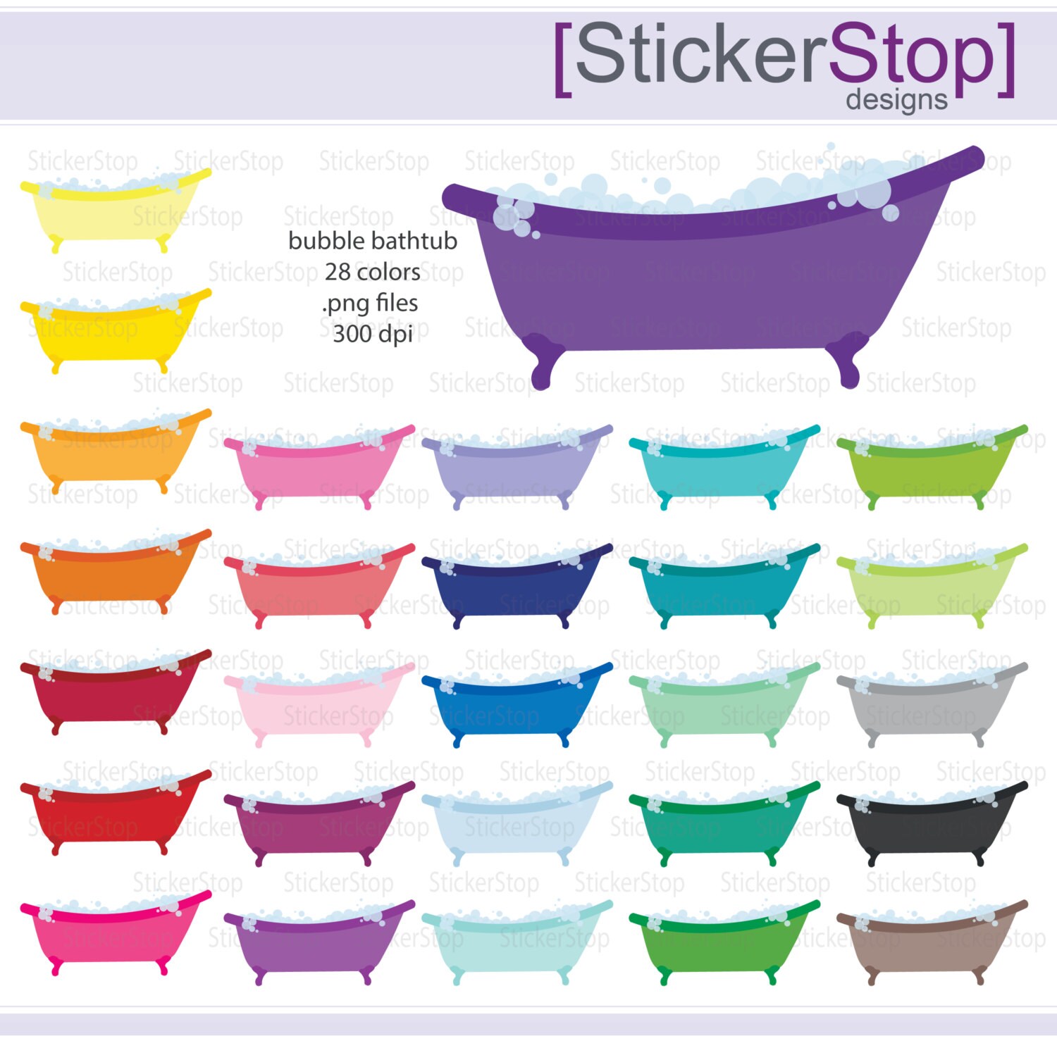 Bubble Bath or Clawfoot Tub Icon Digital Clipart in Rainbow Colors ...