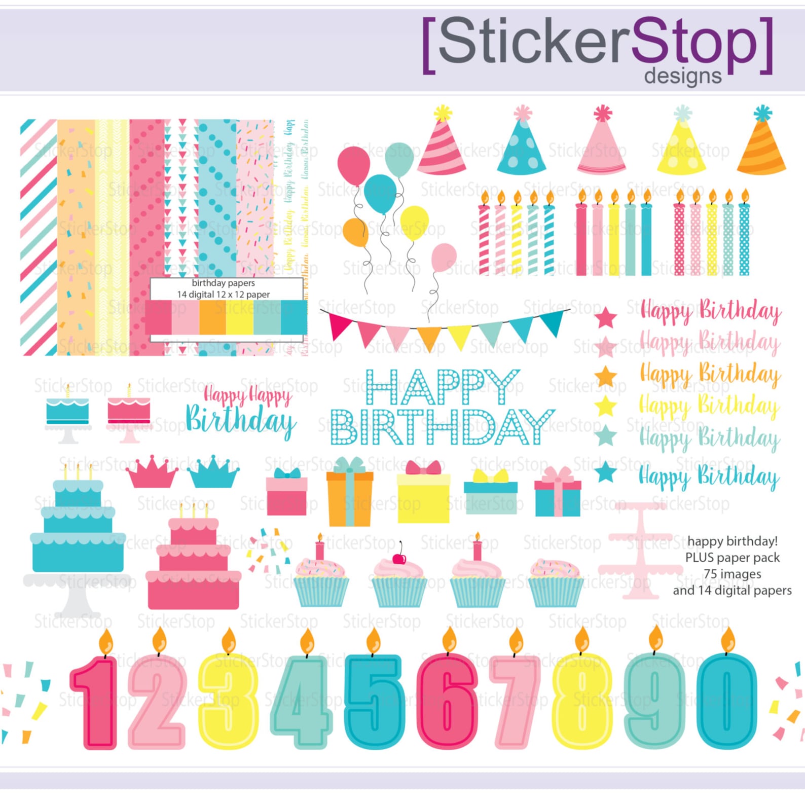 Happy Birthday Party Digital Clipart and Paper Pack Set - Etsy