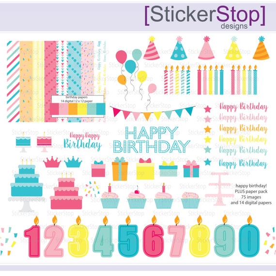 Happy Birthday Party Digital Clipart and Paper Pack Set - Instant ...