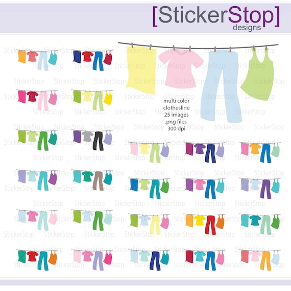 Multicolored Laundry on Clothesline Digital Clipart - Instant download ...