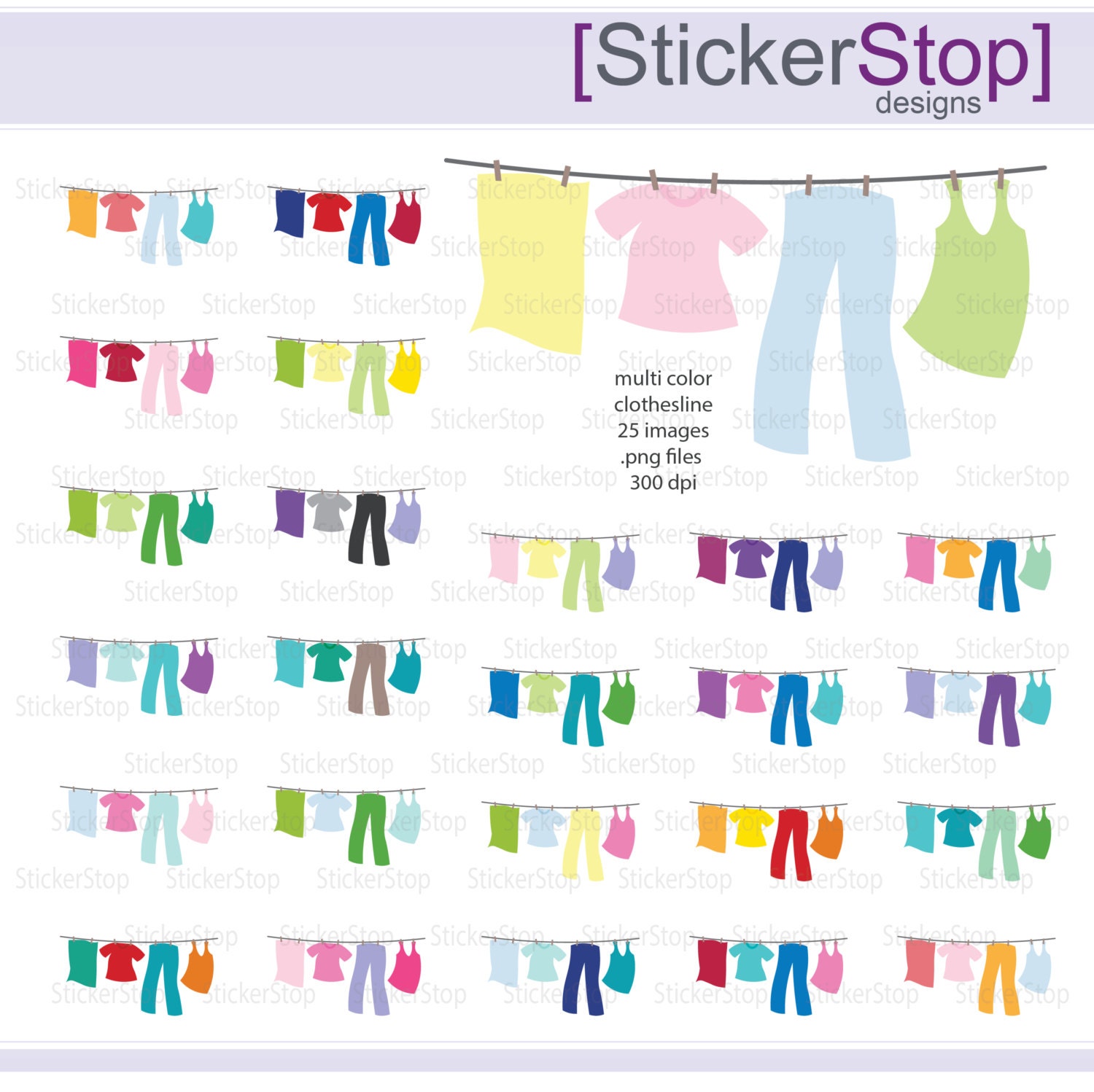 Multicolored Laundry on Clothesline Digital Clipart - Instant Download ...