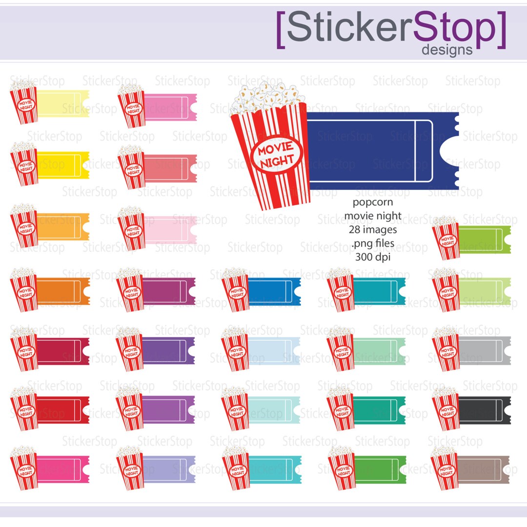 Popcorn Movie Night Ticket Digital Clipart - Instant Download PNG Files ...