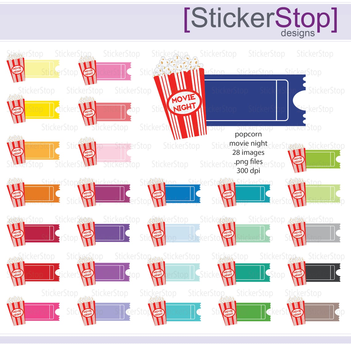 Popcorn Movie Night Ticket Digital Clipart - Instant Download PNG Files ...