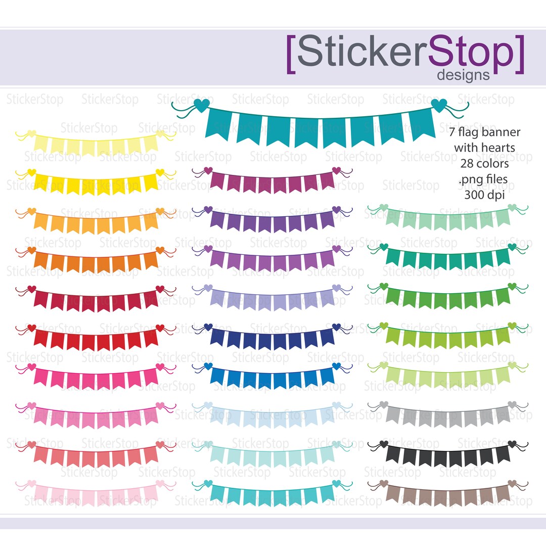 Bunting Banner 7 Flags With Hearts Clipart, PNG Digital Clipart ...
