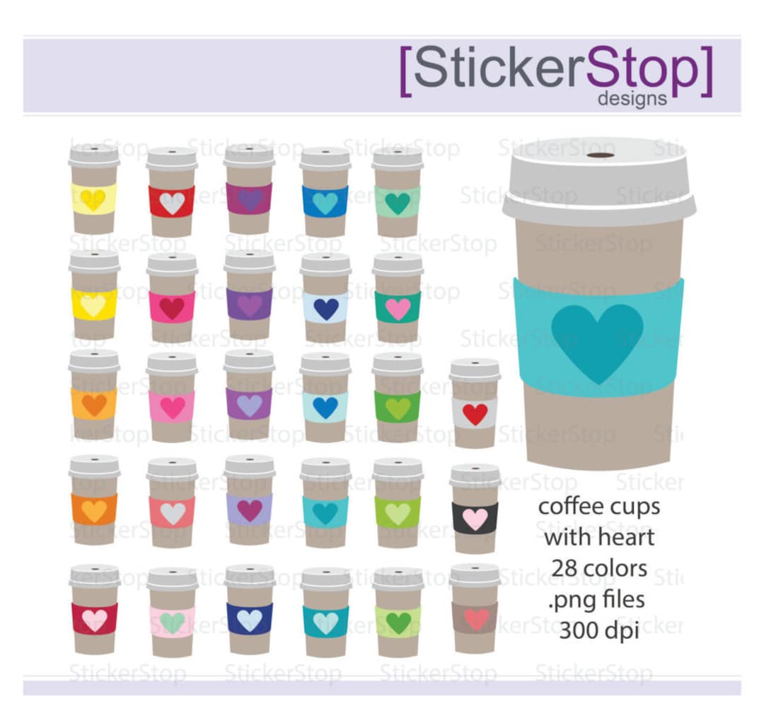Coffee Cup With Heart Clipart 28 Colors, PNG Digital Clipart - Instant ...