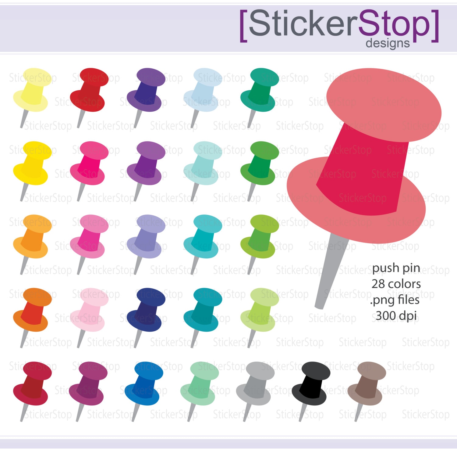 Push Pin Icon Digital Clipart in Rainbow Colors - Instant Download PNG ...