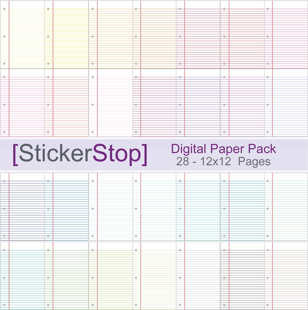 Notebook Paper With Colored Lines Digital Paper Set in 28 Colors ...