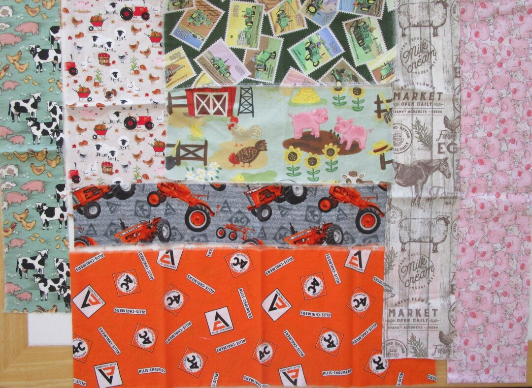 Farm Cotton Fabric Quilting Pieces Pigs Farmyard Cows John Deere Allis ...