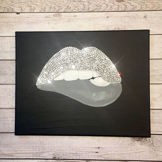 Bling painting pouty lips painting bling lips art crystal | Etsy