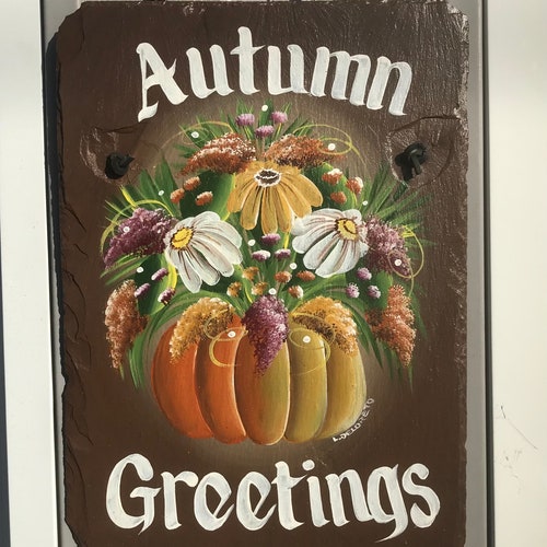 Painted Pumpkin Slate Sign Fall Welcome Plaque Painted Slate - Etsy