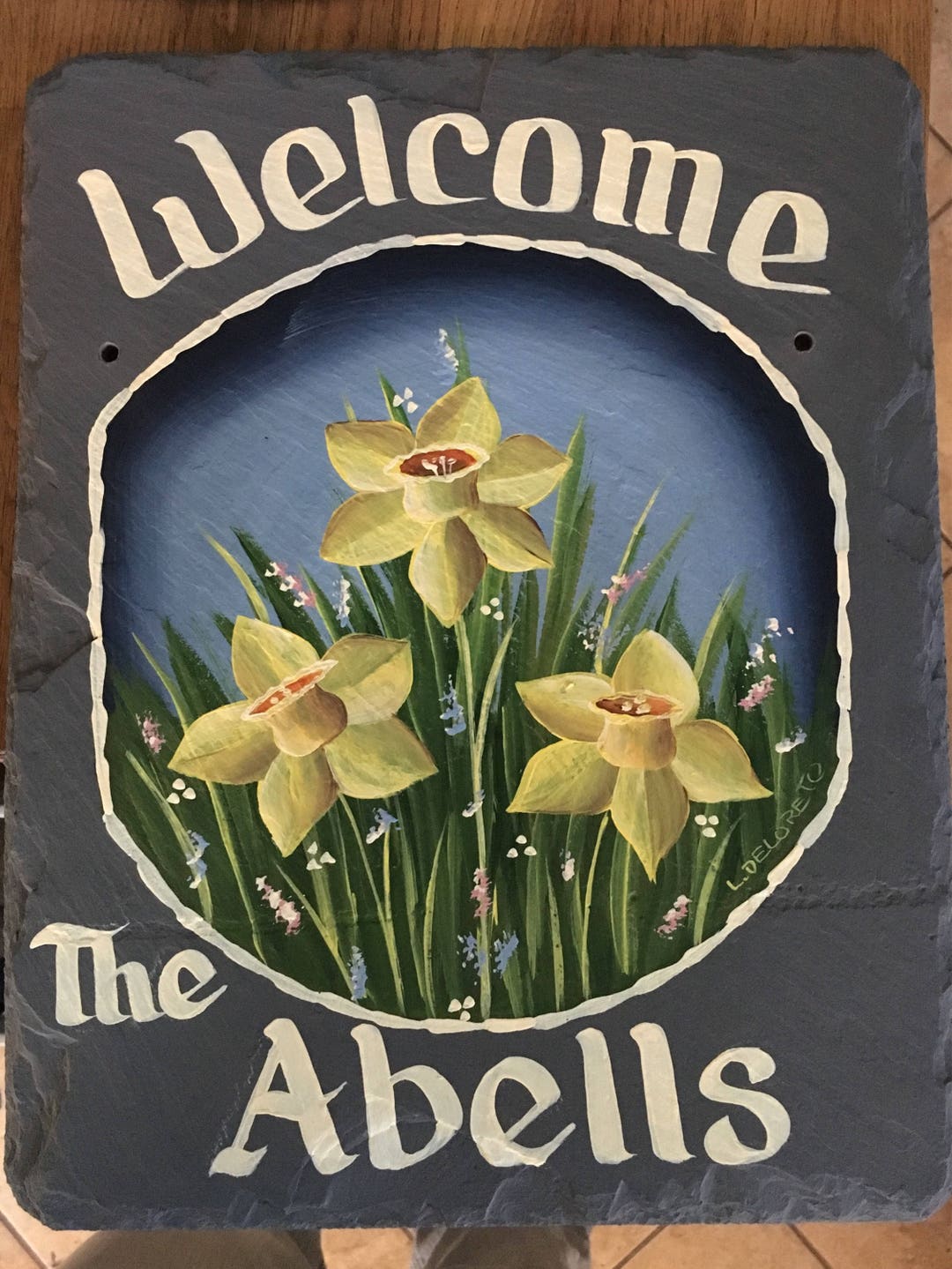 Hand Painted Slate, Personalized Sign, Spring Daffodil, Slate Welcome ...