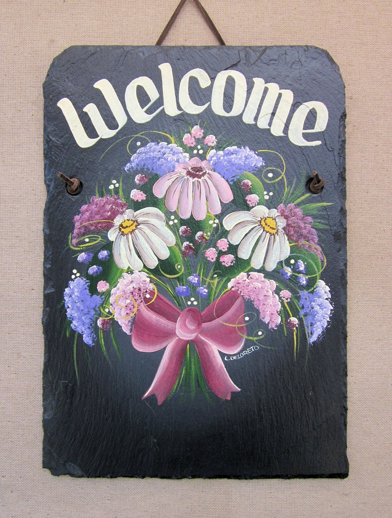 Hand Painted Slate Personalized Sign Daisy Floral Welcome - Etsy