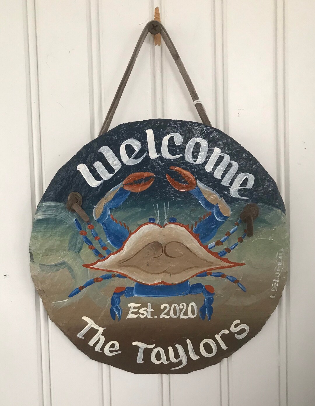 Crab Hand Painted Sign, Personalized Nautical Blue Crab, Welcome Sign ...