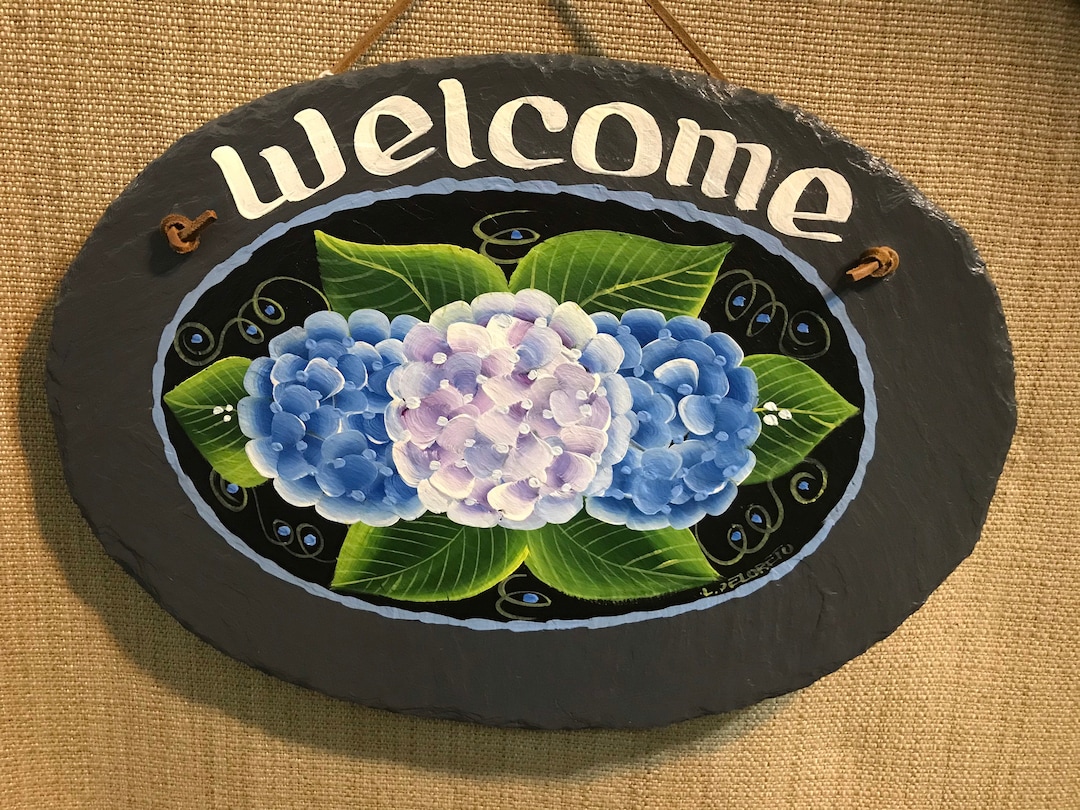Hand Painted Slate, Personalized Sign, Hydrangea Flower, Welcome Sign ...
