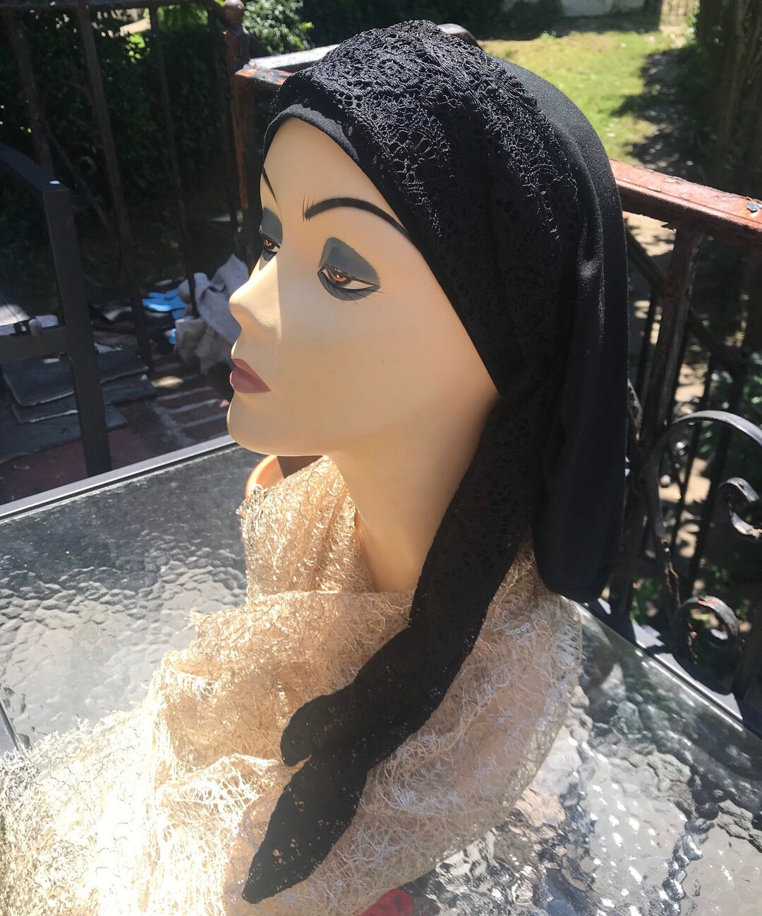 Black Head Covering | Head Scarf With Adjustable Vintage Style Lace ...