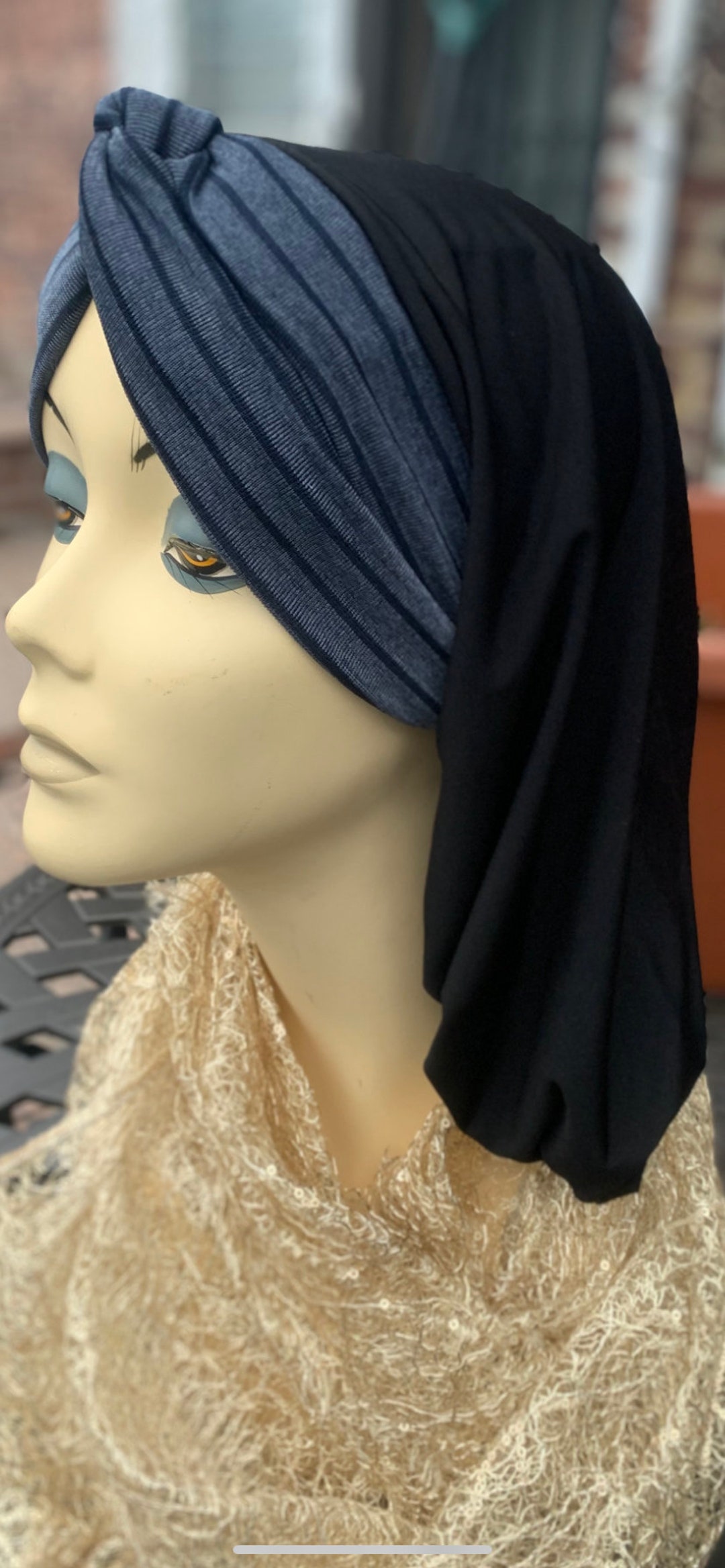 Denim Match Black Blue Snood Turban | Exercise Hijab | Fashion ...