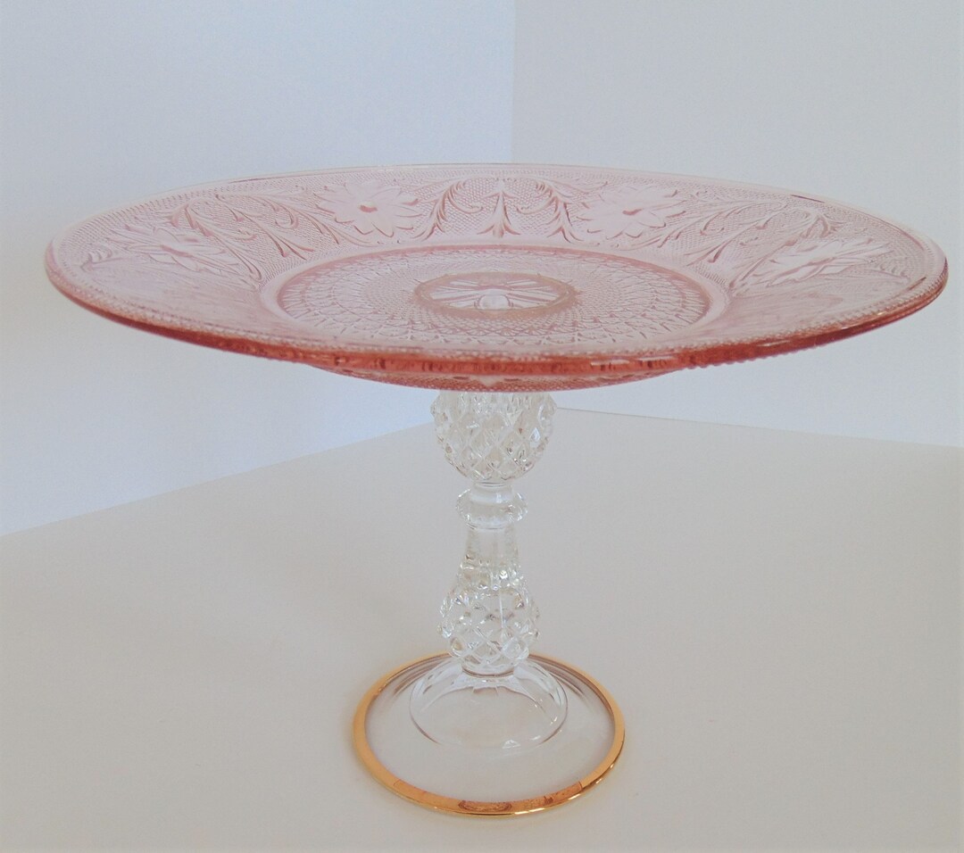 Vintage Pink Tiara Glass Cake Stand: Gold Trim Pedestal (10.25
