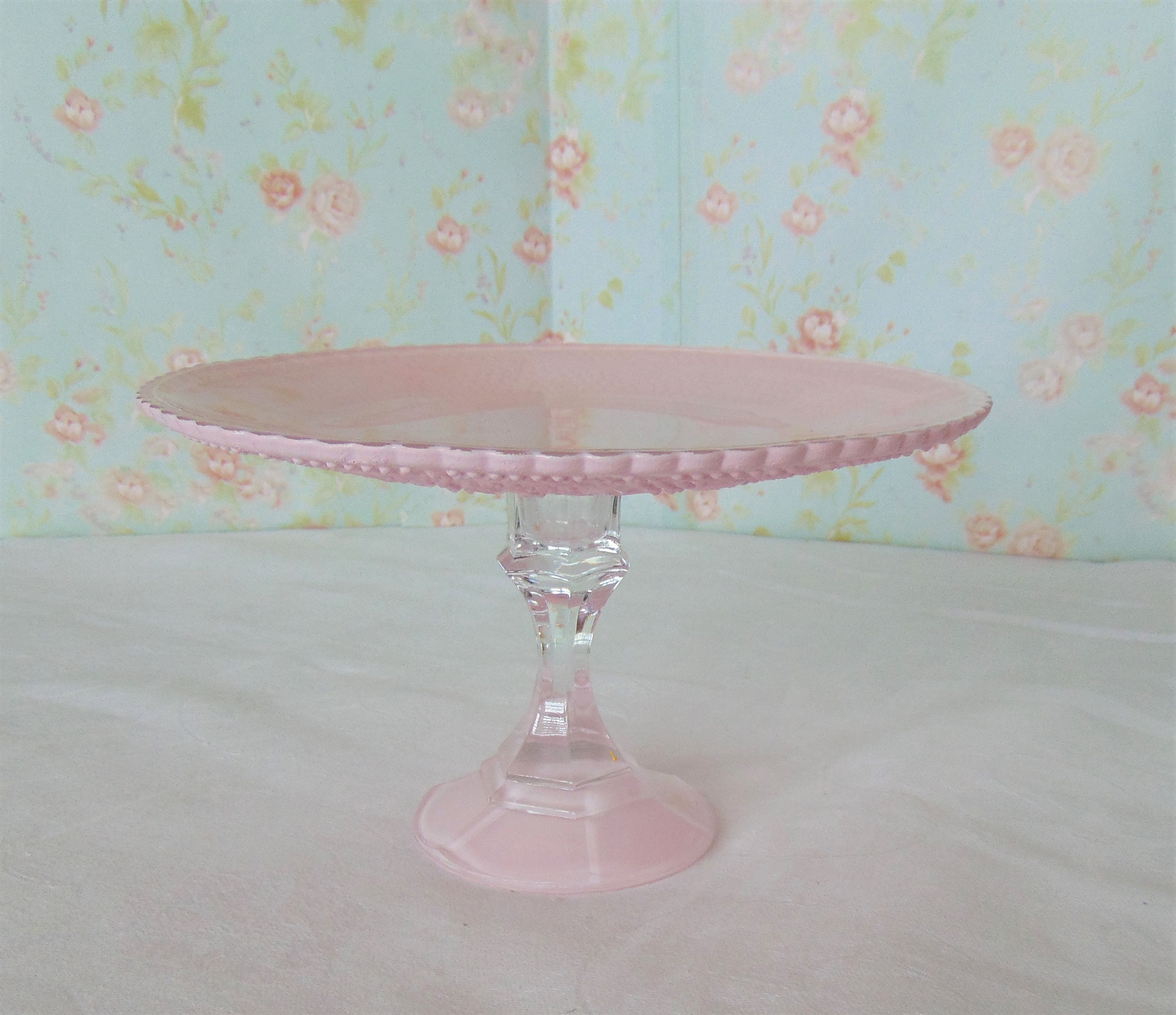 Distressed Baby Pink Glass Cake Stand, Small Dessert Display (8.0