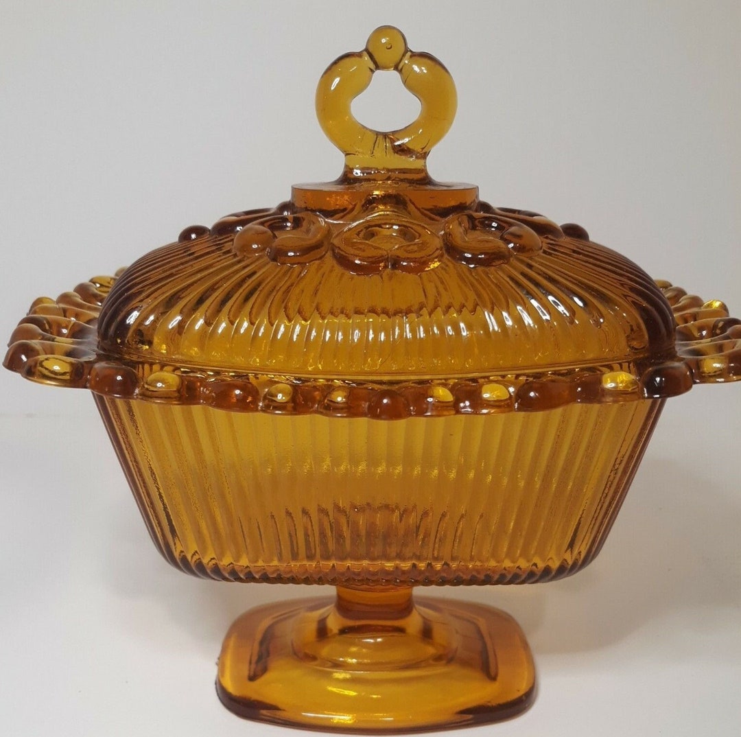 Indiana Glass Amber Lace Edge Pattern Candy Dish With Cover, Vintage ...