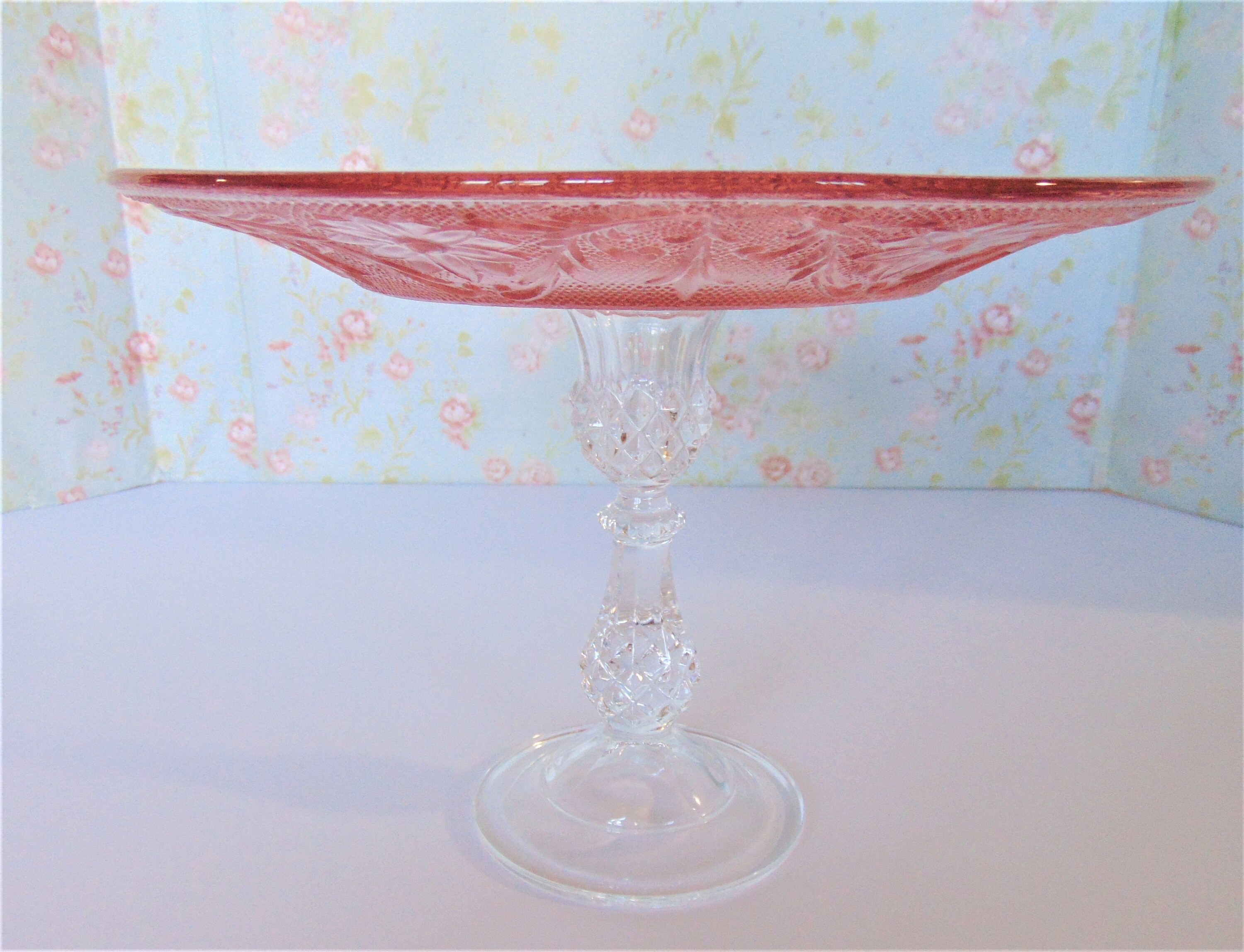 10.25 Vintage Pink and Clear Cake Stand Pink Glass and | Etsy