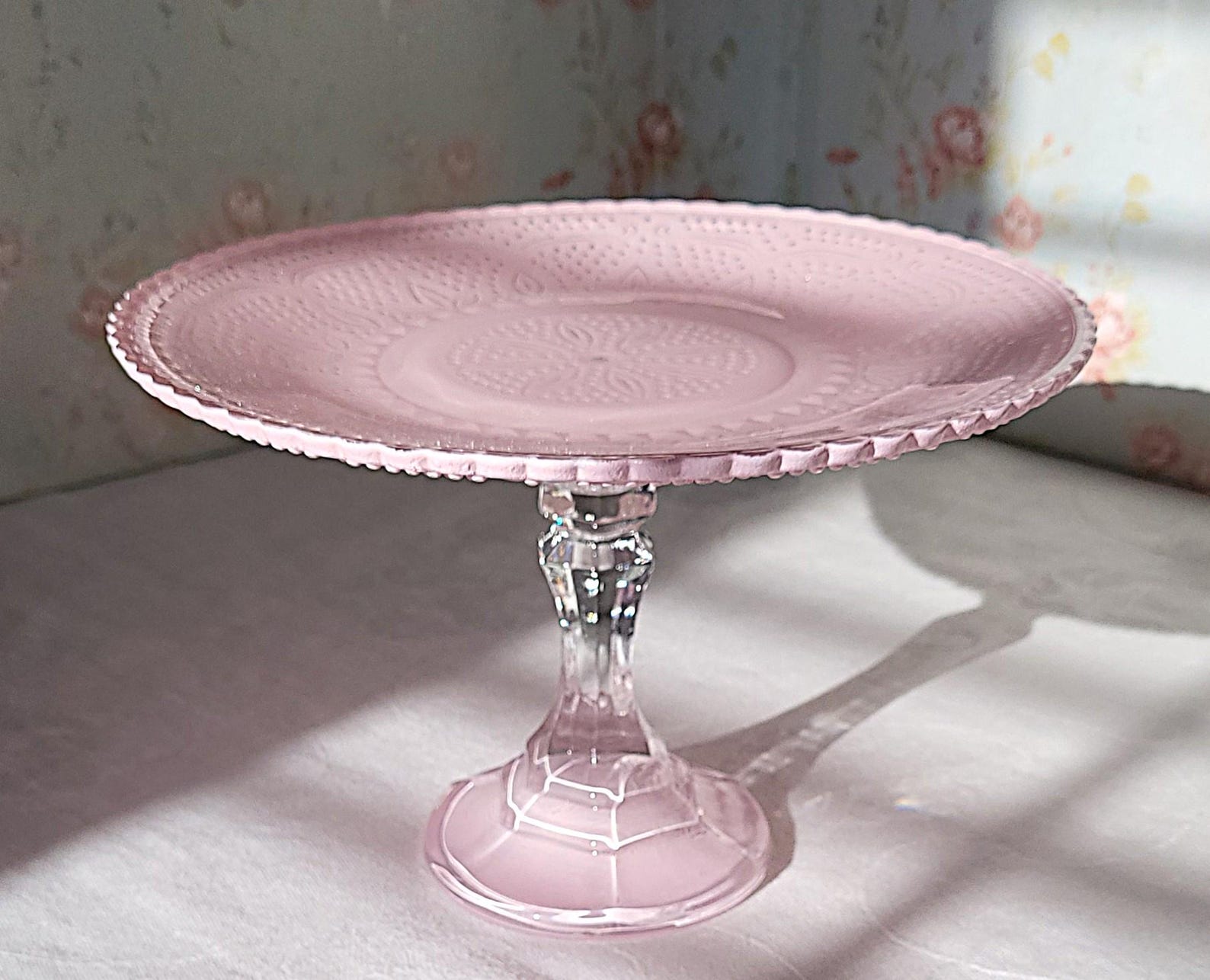 Distressed Baby Pink Glass Cake Stand, Small Dessert Display (8.0
