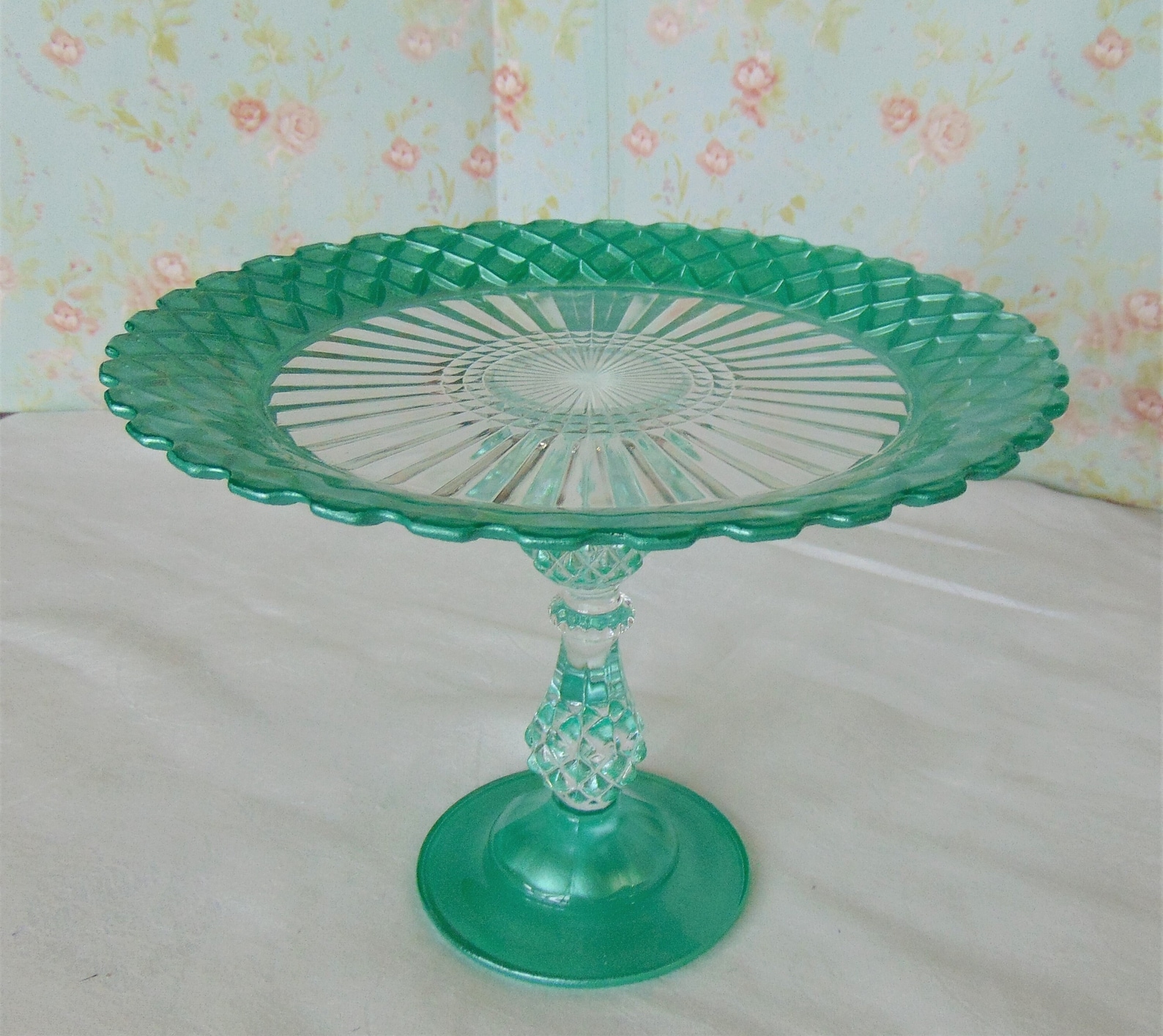 9.25 Green Glass Cake Stand, Emerald Green Wedding Cake Stand, Green ...