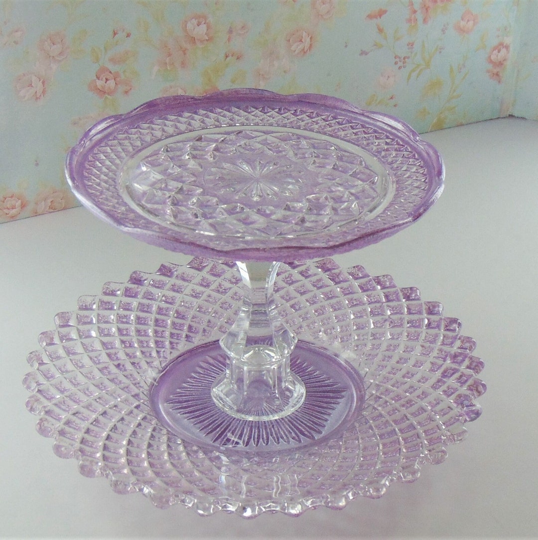 Lavender Glass Cake Stand, 2 Tier Stand, Petite Dessert Stand, Mini ...