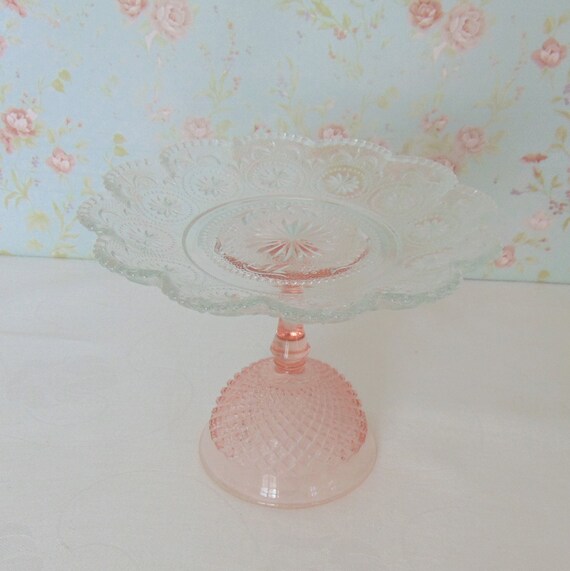 7.25" Small Pink Glass Cake Stand, Pink and Clear Petite Cake Stand ...