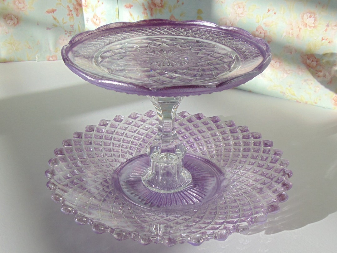 Lavender Glass Cake Stand, 2 Tier Stand, Small Dessert Stand, Wedding ...