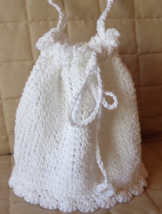 Drawstring Crochet Bag / Flower Girl Purse / White Pouch / - Etsy