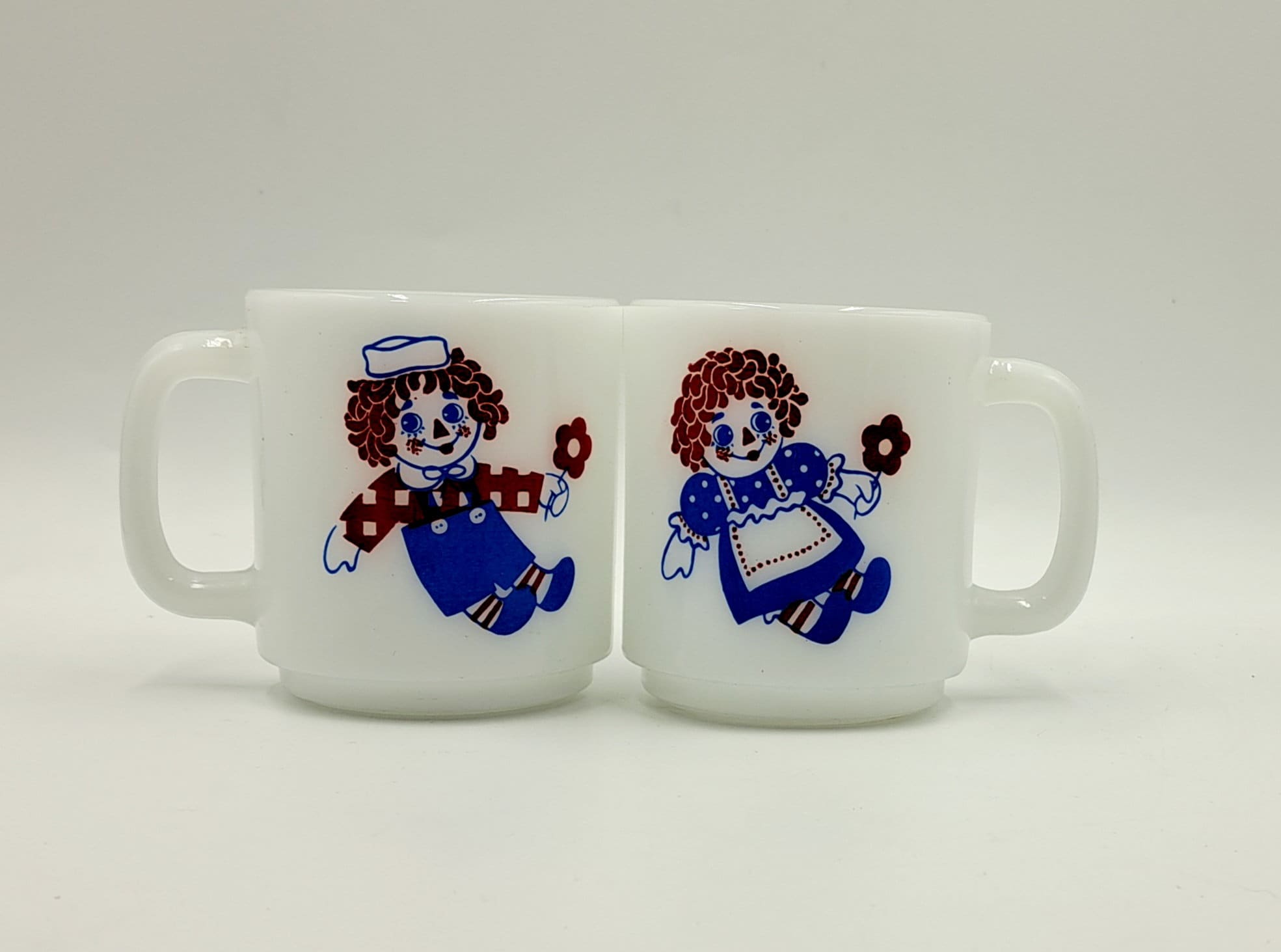 Glasbake Mugs, Raggedy Ann and Andy Coffee Mugs, White Coffee Cups ...