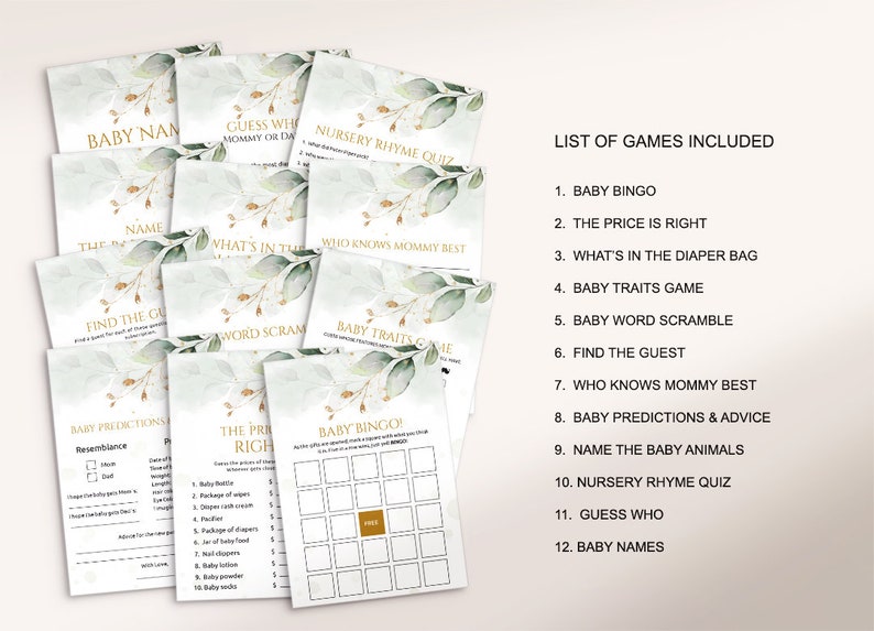 Printable Baby Shower Game Bundle Greenery and Gold Baby - Etsy
