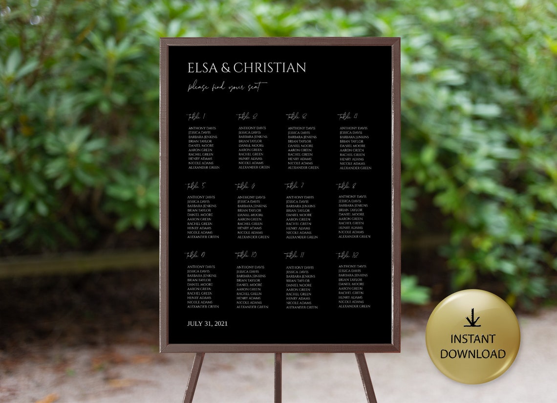 Black Seating Chart Editable Template Printable Table Plan - Etsy