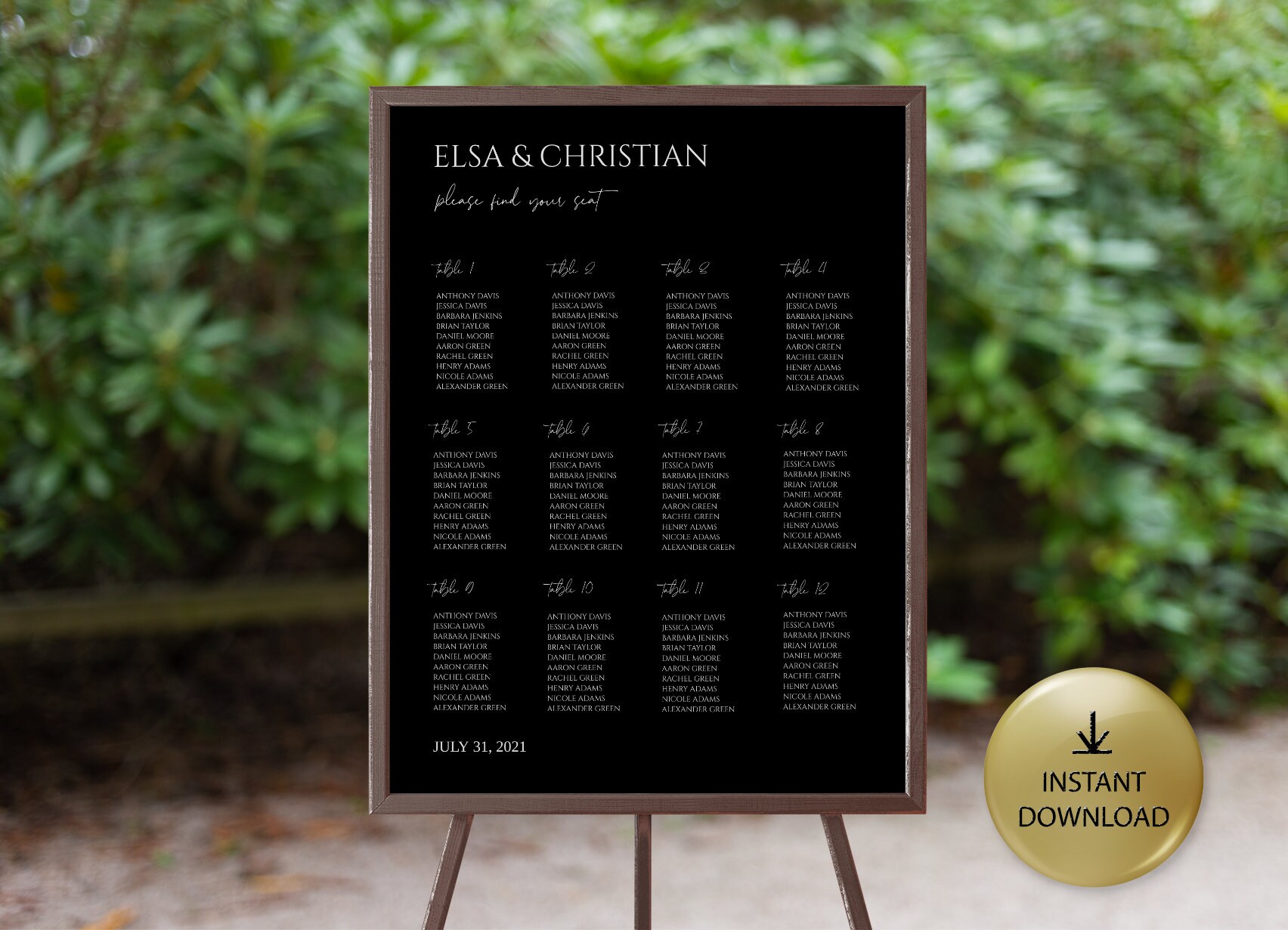 Black Seating Chart Editable Template, Printable Table Plan, Modern ...
