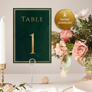 Printable Table Numbers, Emerald Green and Gold Wedding, Elegant Modern ...