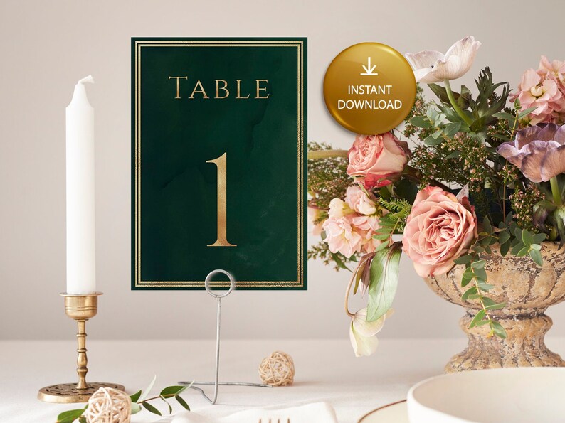 Printable Table Numbers, Emerald Green and Gold Wedding, Elegant Modern ...