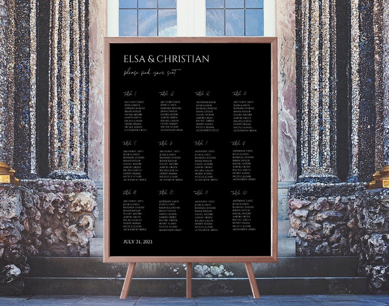 Black Seating Chart Editable Template, Printable Table Plan, Modern ...