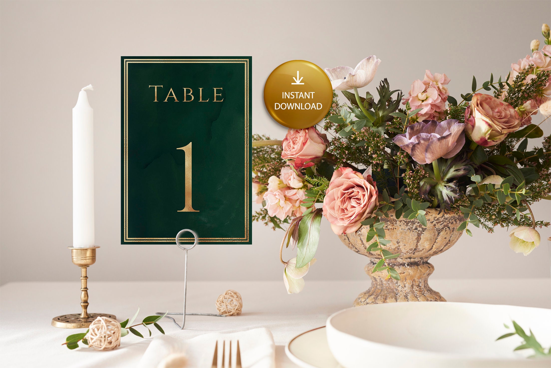Printable Table Numbers, Emerald Green and Gold Wedding, Elegant Modern ...